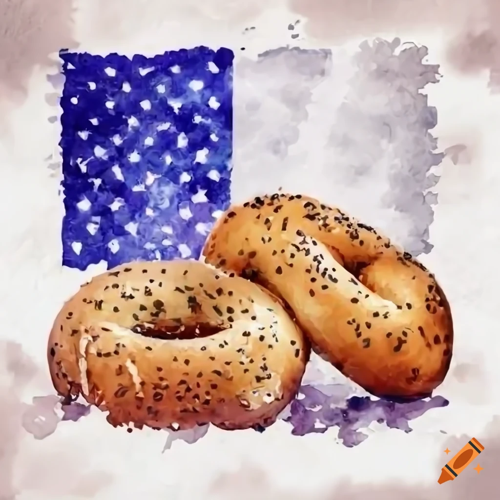 White flag with a bagel in a mystical mountain scene