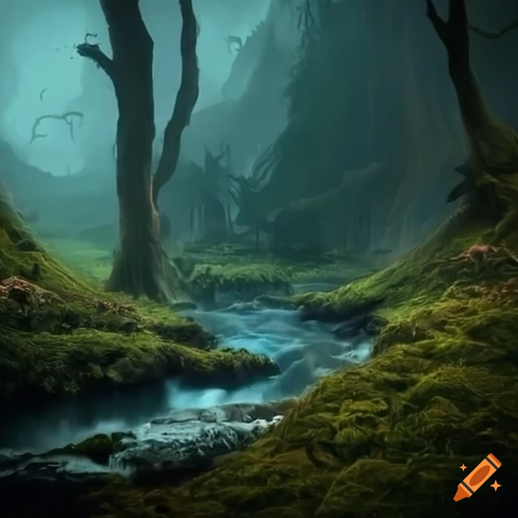 Image of a dark forest with a hobbit and dwarves on Craiyon