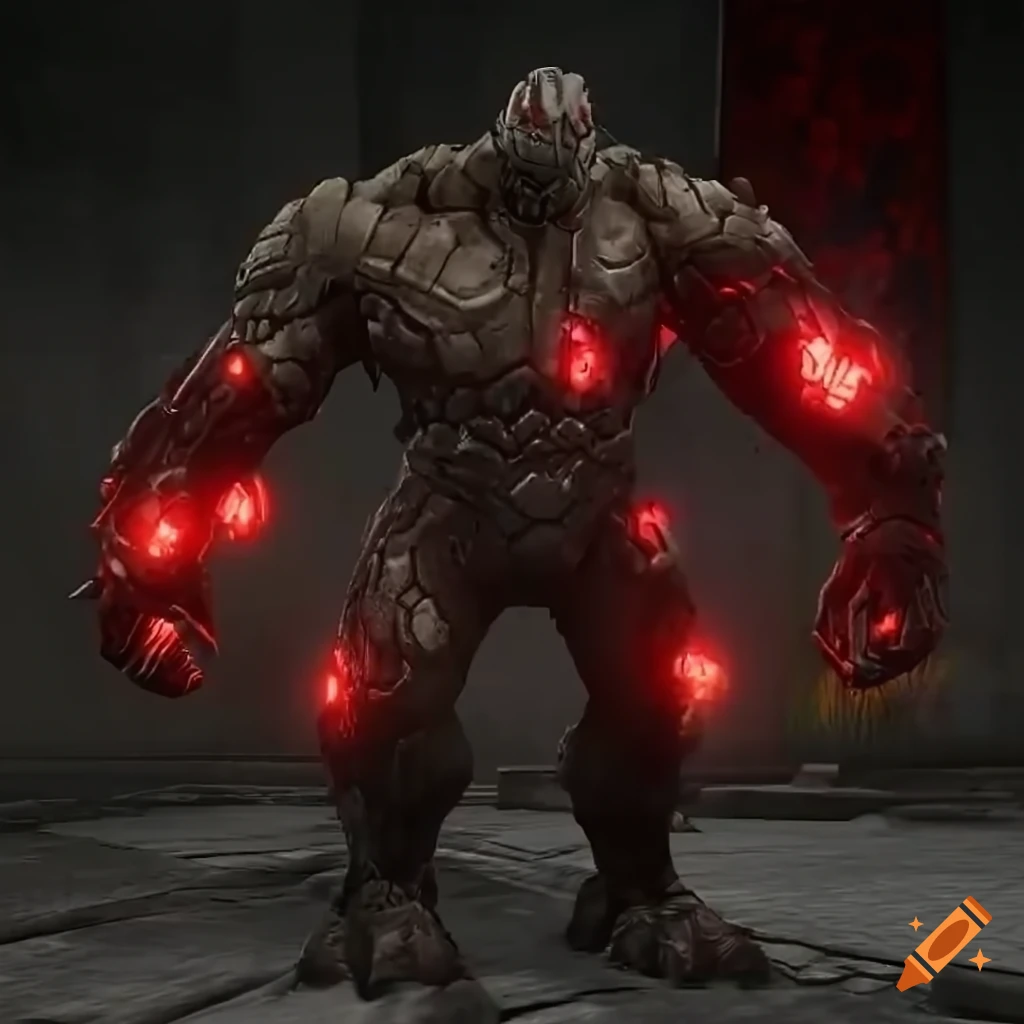 Image of a black stone armored golem cyborg with red glowing crystals ...