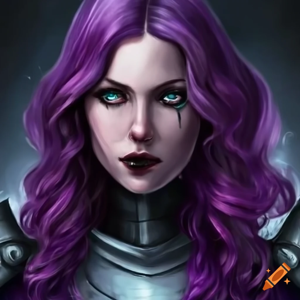 Female knight with purple wavy hair