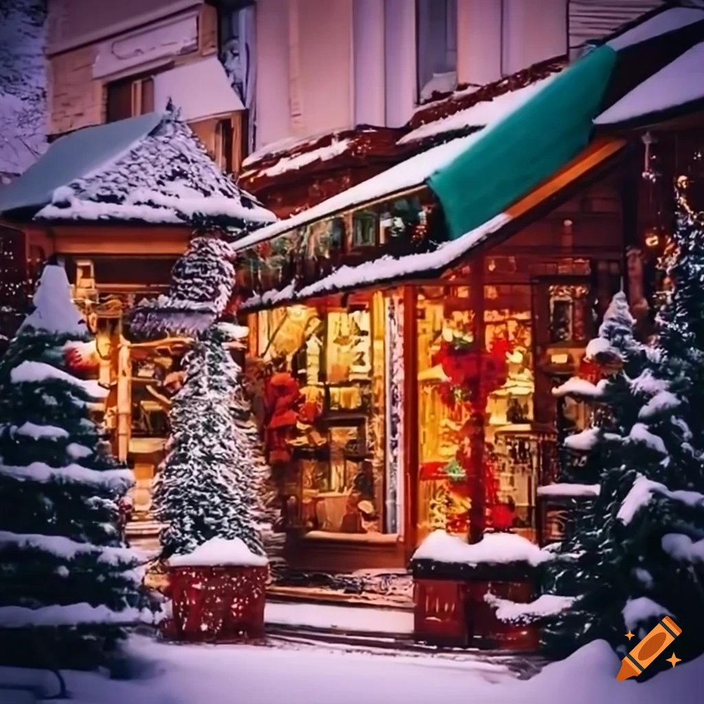 Cozy winter store with a christmas tree in the snow on Craiyon