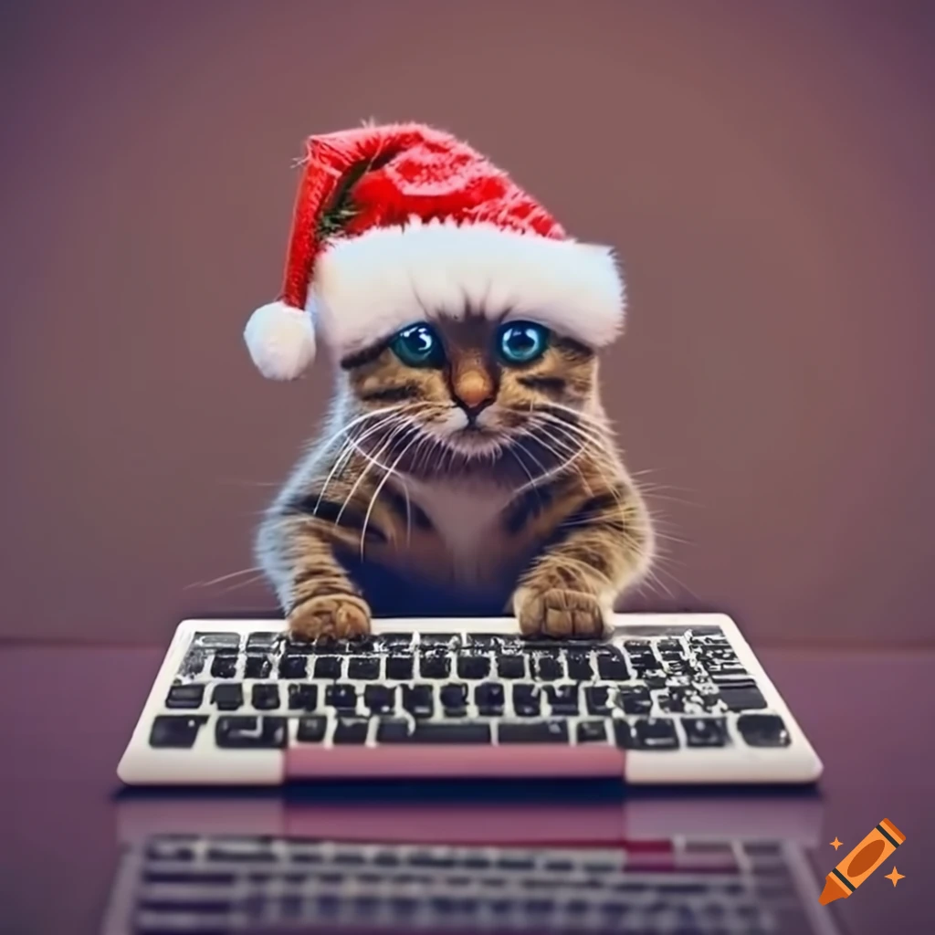 Christmas cat working on a keyboard