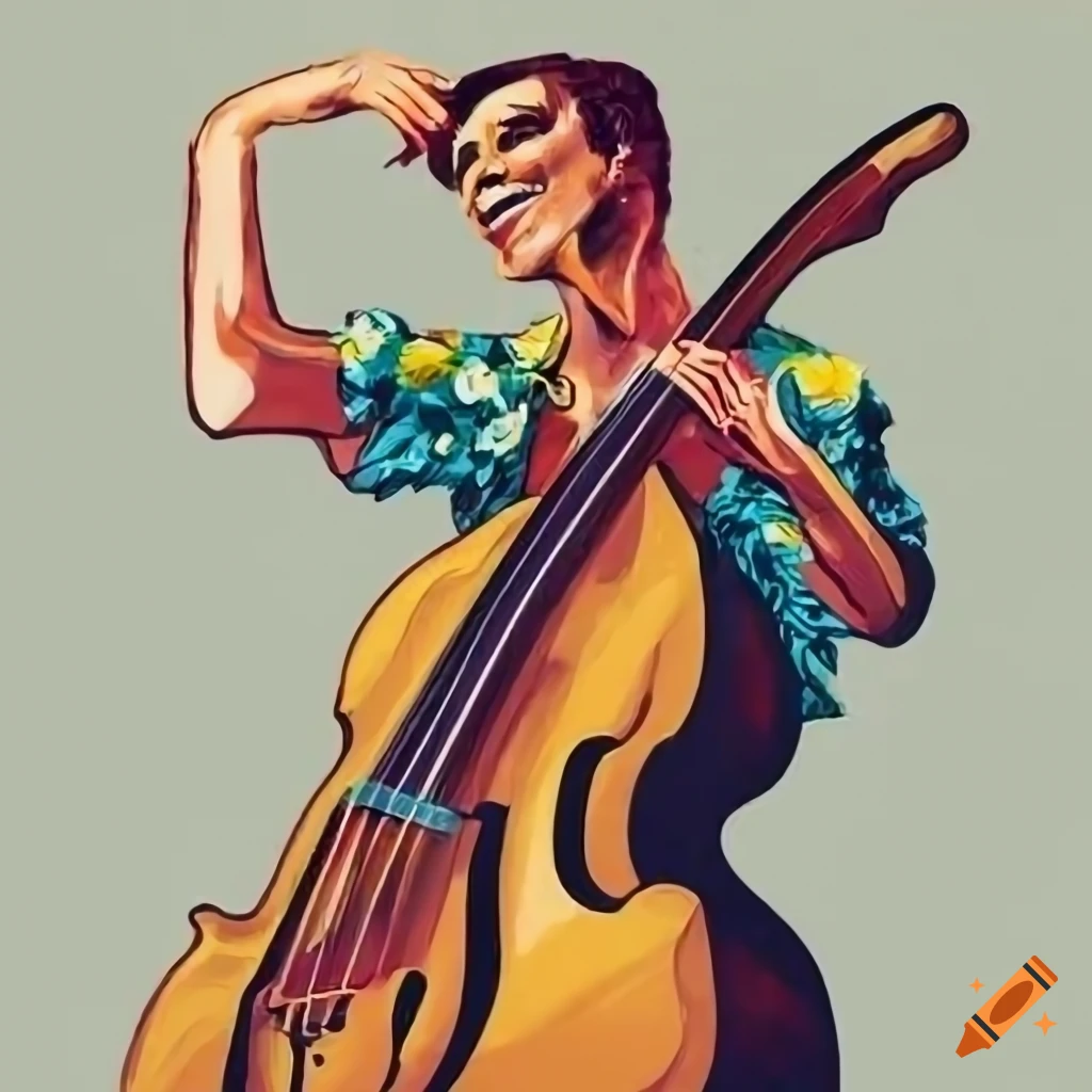 Energetic illustration of a man playing upright bass on Craiyon