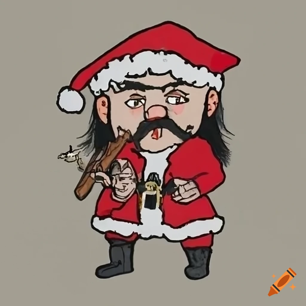 Satirical drawing of lemmy kilmister as santa claus