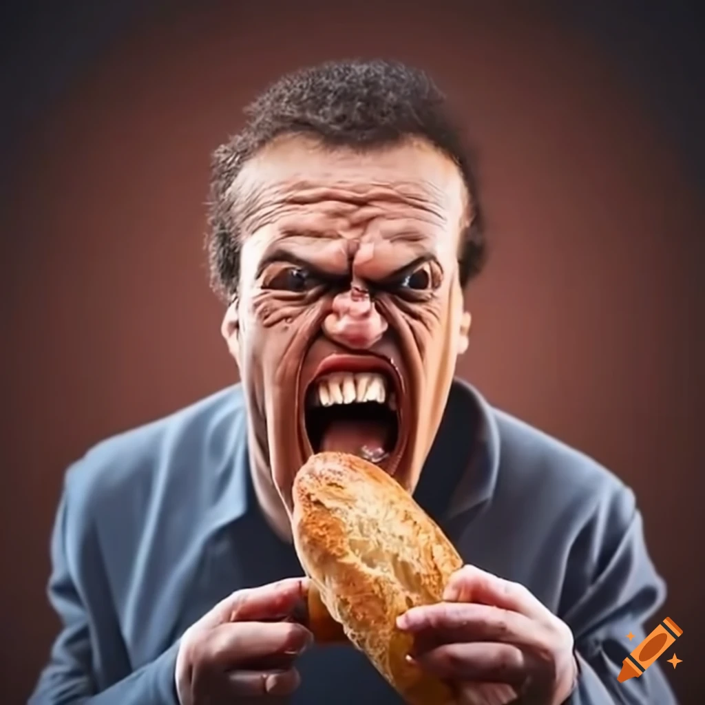 Humorous illustration of a person hitting a computer with a baguette