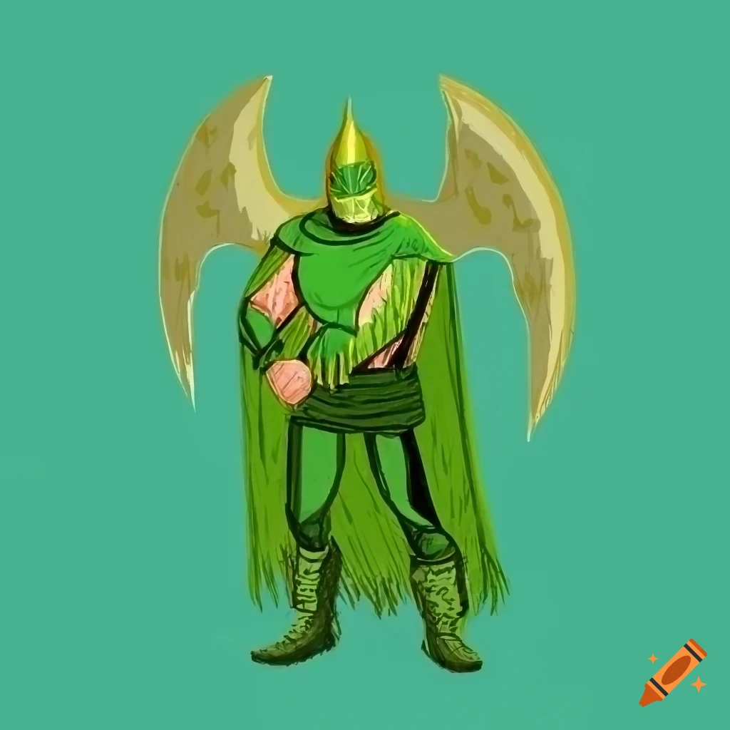 Green superhero with cape and winged viking helmet