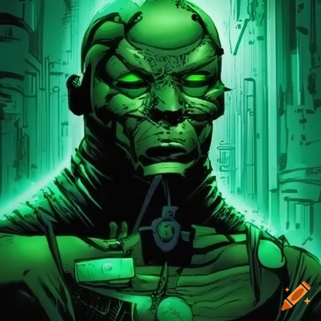 Dark green sci-fi comic illustration on Craiyon