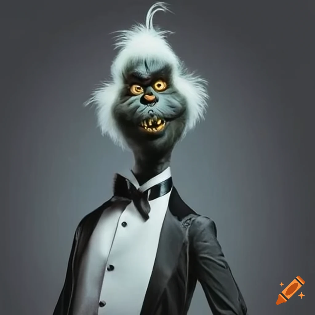 Image of a black grinch in a white tuxedo on Craiyon