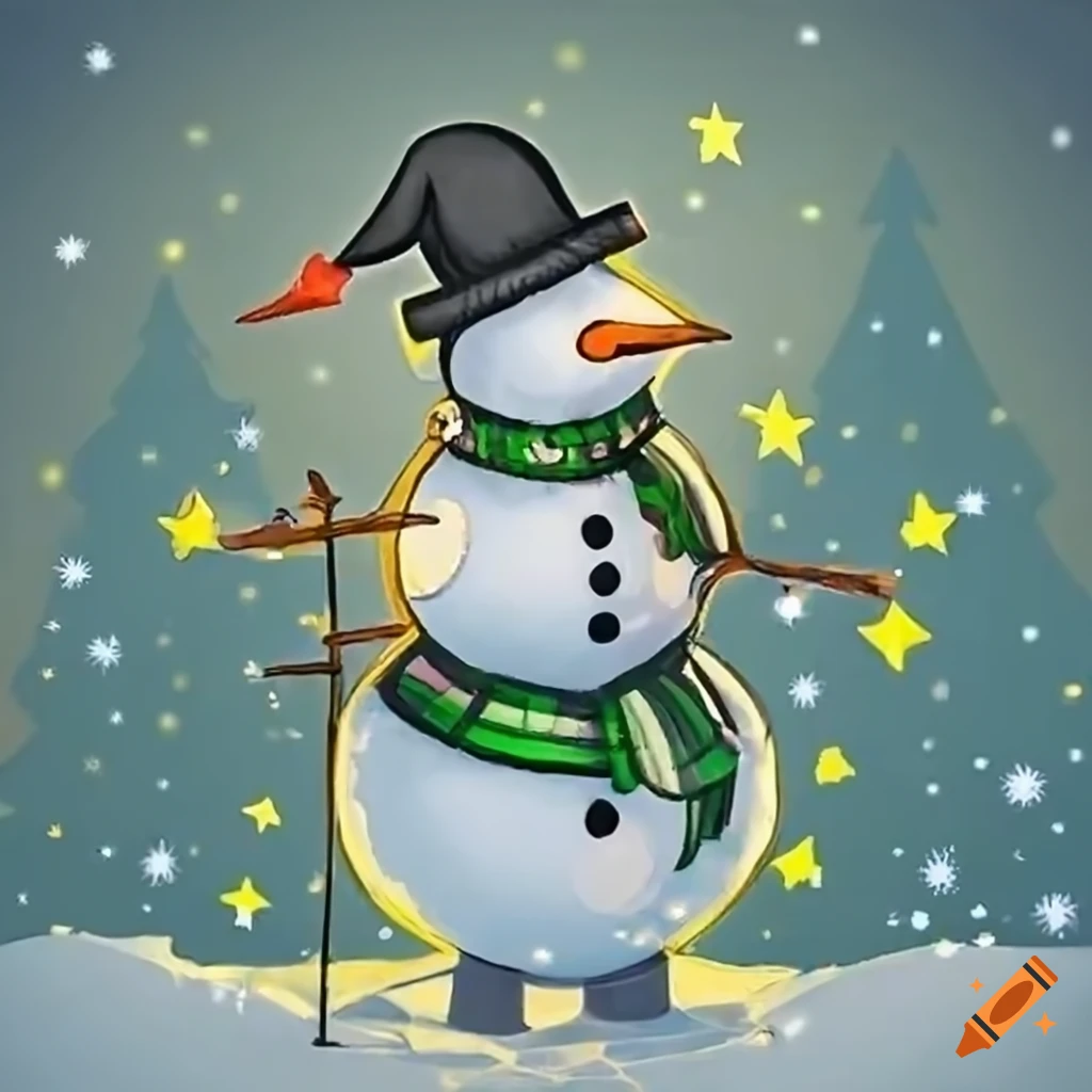 Festive snowman next to a Christmas tree on Craiyon