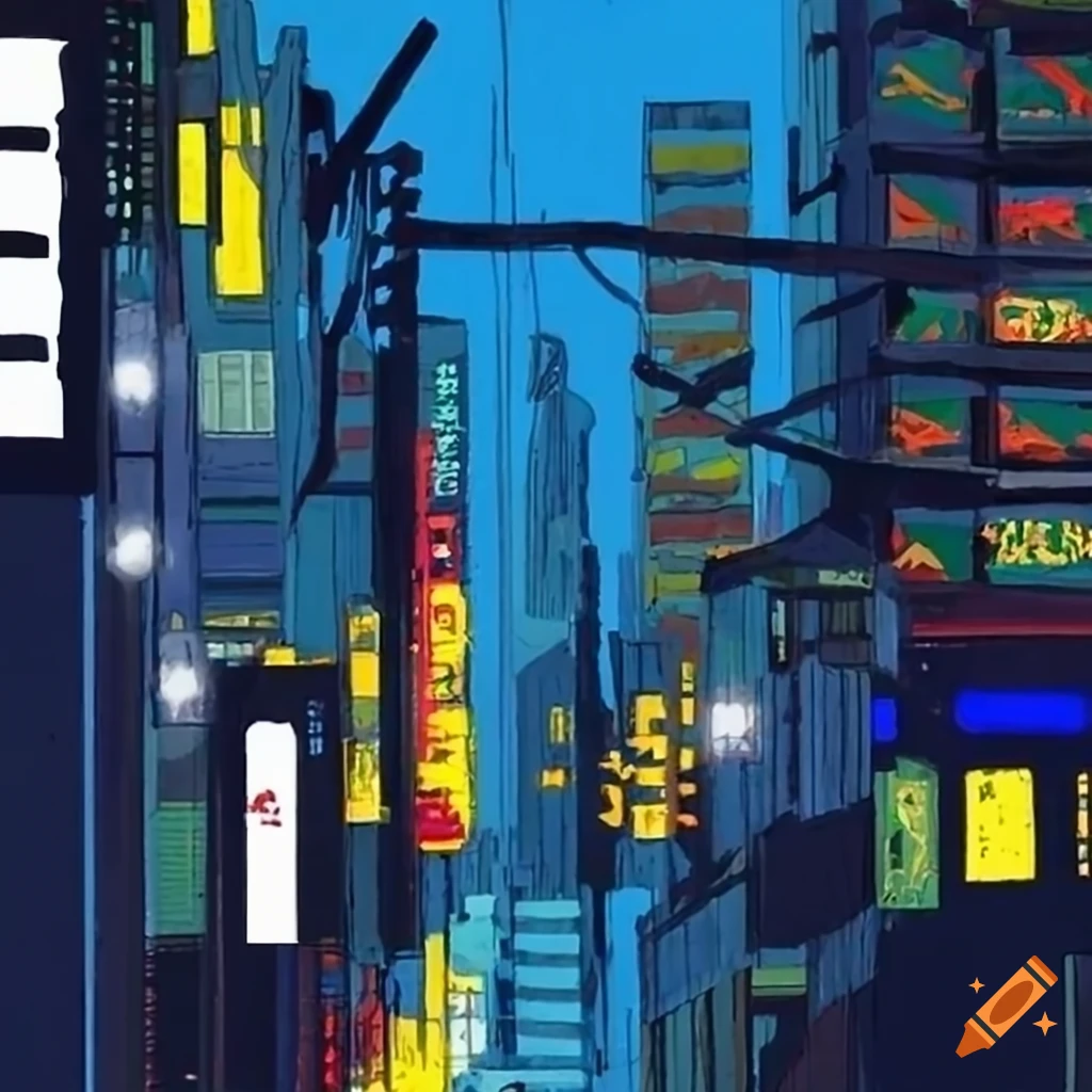 Painting of tokyo skyscrapers at night with a street dividing them on ...