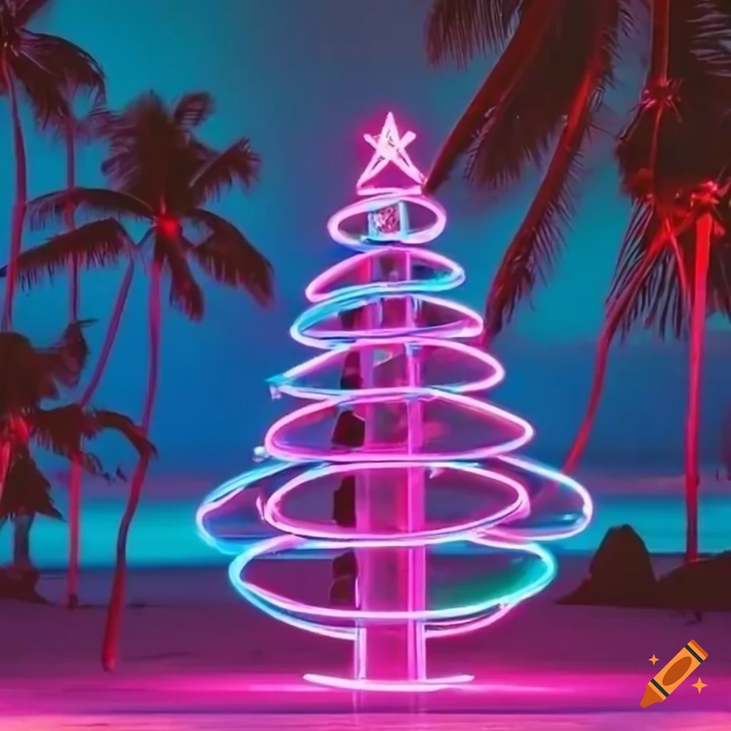 Neon christmas tree on a tropical beach