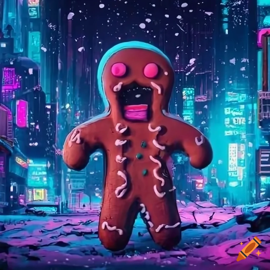 Neon cyberpunk city with giant screaming gingerbread on Craiyon