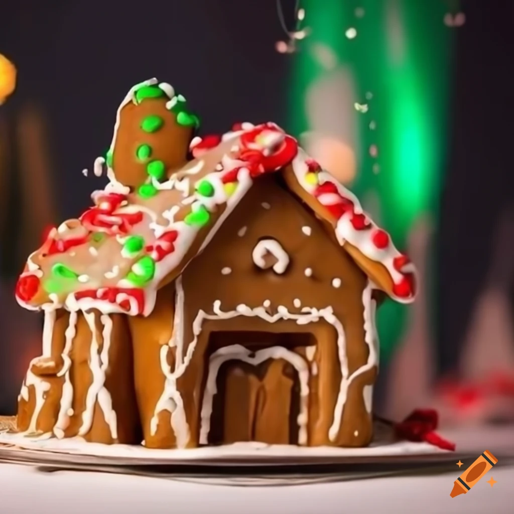 Festive gingerbread house on a dinner table