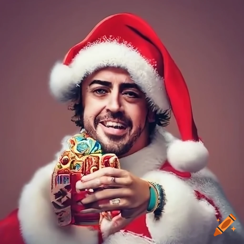 Fernando alonso dressed as santa claus delivering gifts