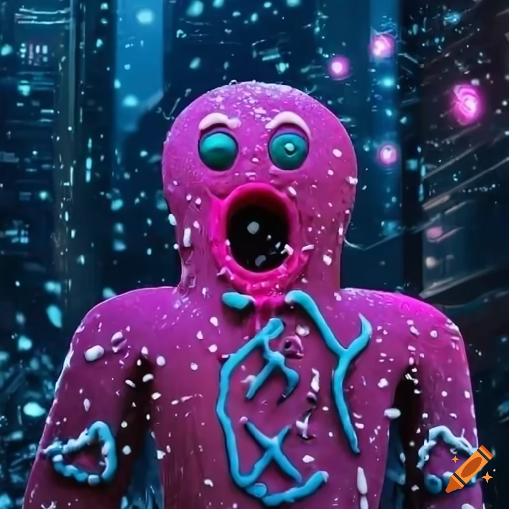 Neon cyberpunk gingerbread man in a snowy city on Craiyon