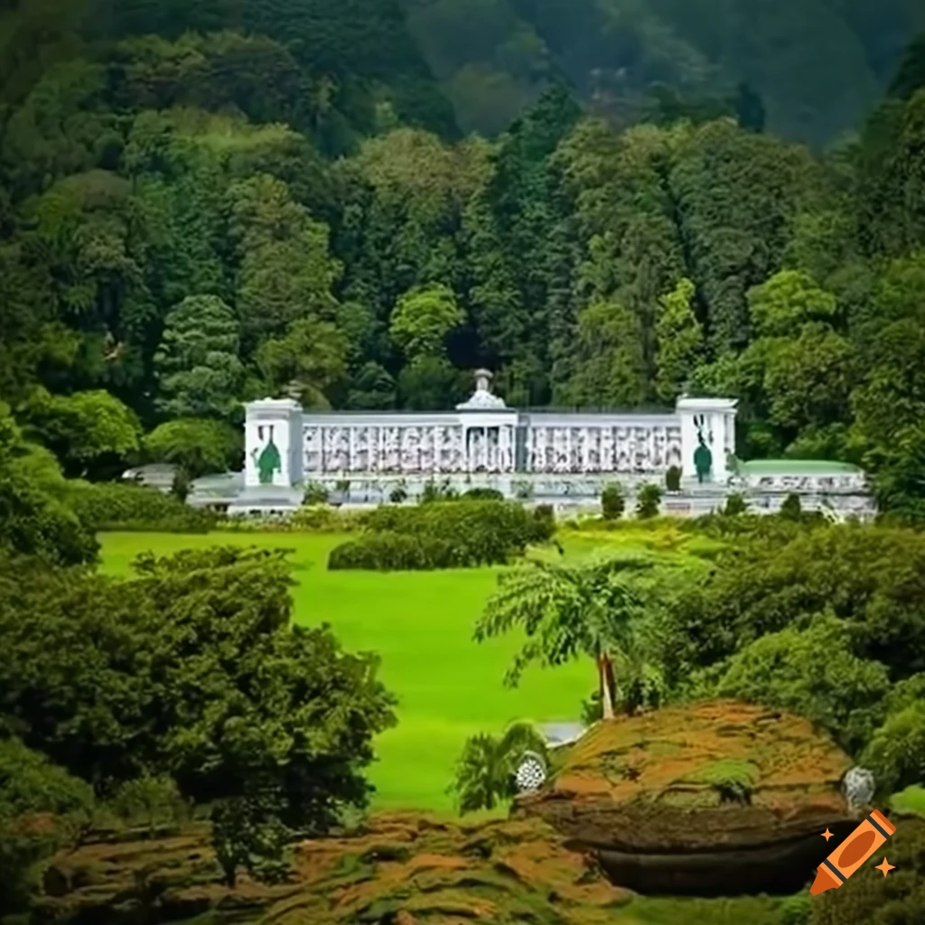 Māori-inspired presidential palace with fern garden and mountains