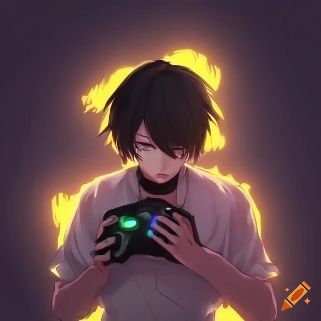 Anime characters playing video games with glowing yellow theme on Craiyon
