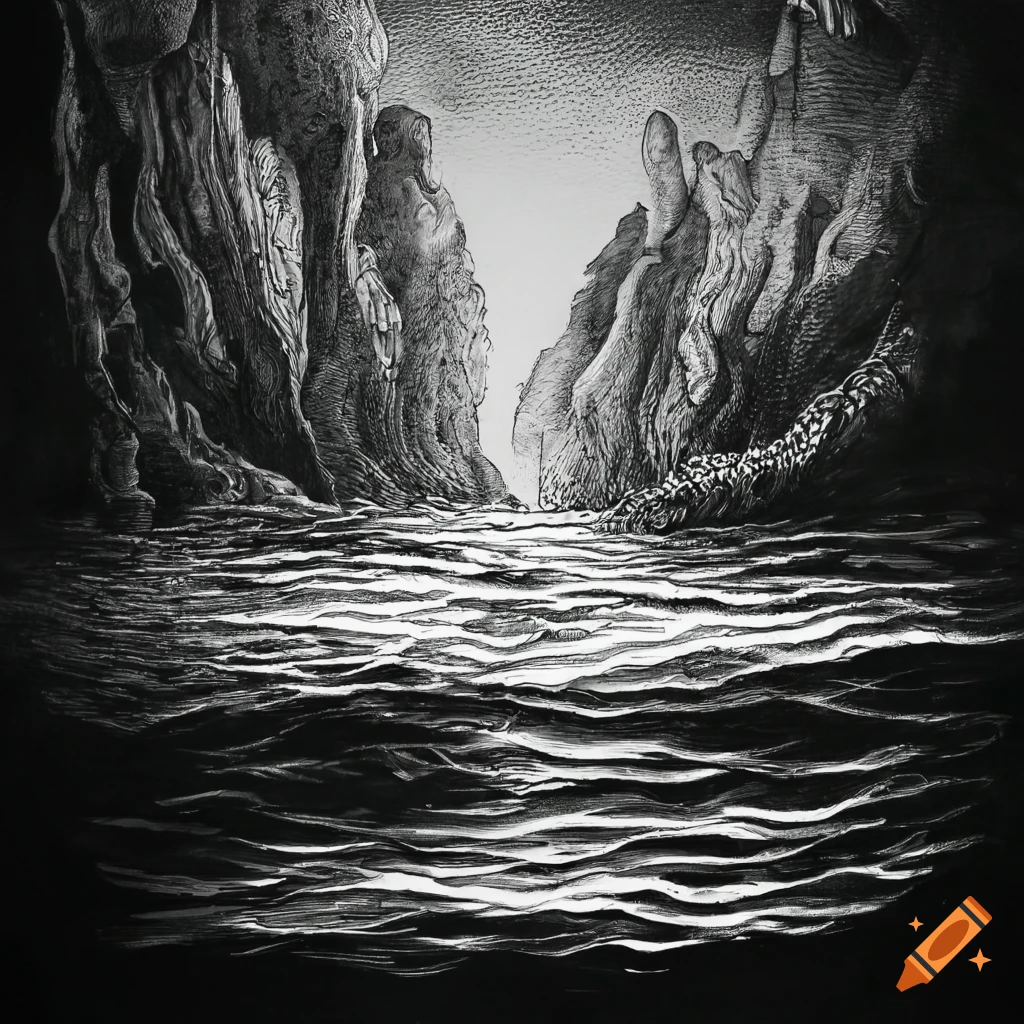 Ink drawing of the deep sea