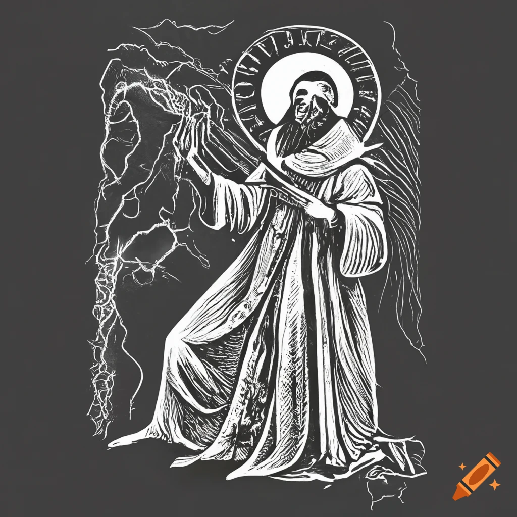 Woodcut illustration of a monk with lightning