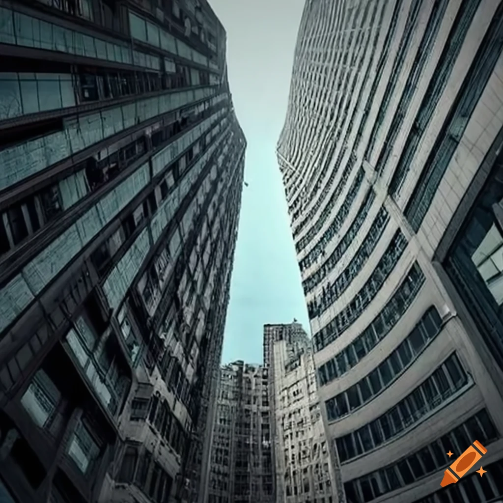 Distorted fish-eye view of towering buildings