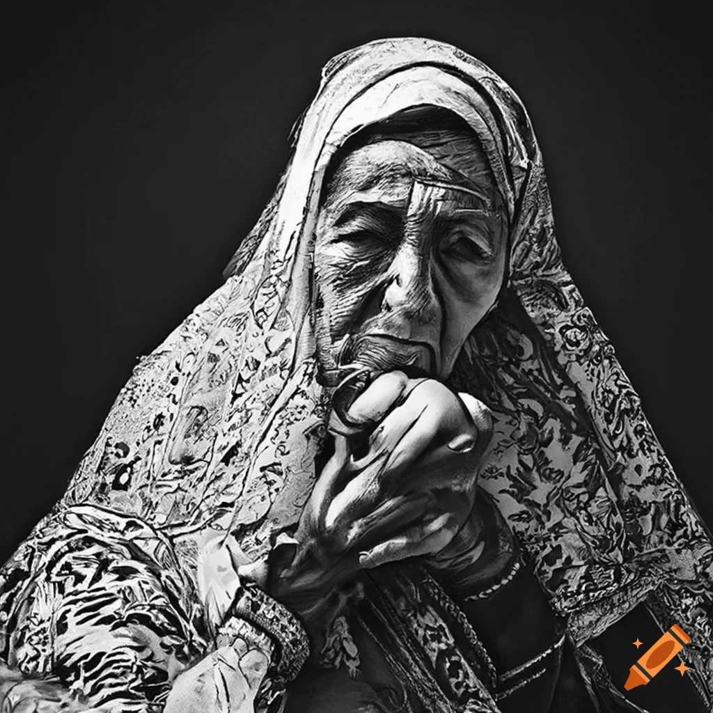 Black and white portrait of old iraqi women in traditional clothing