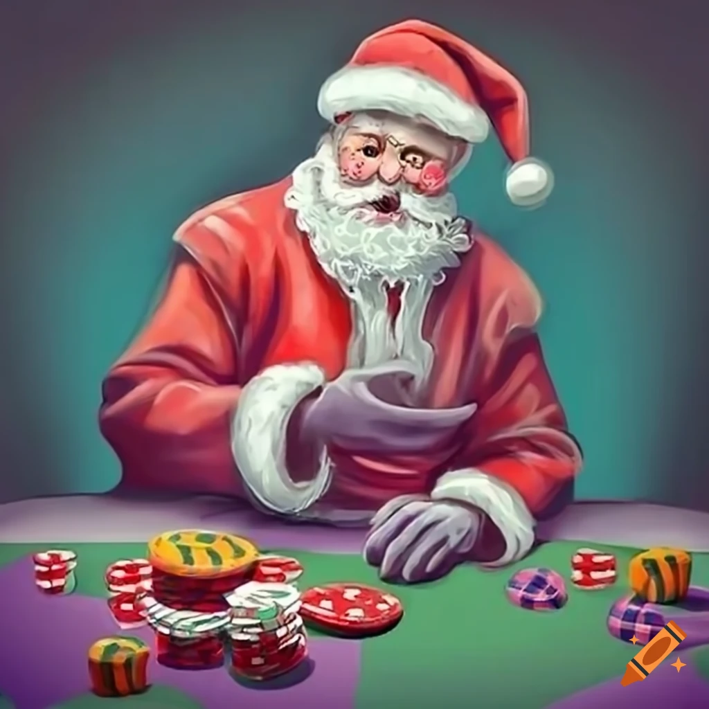 Santa playing poker with holiday characters