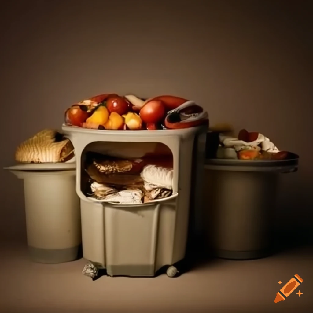 Overflowing garbage can filled with food waste