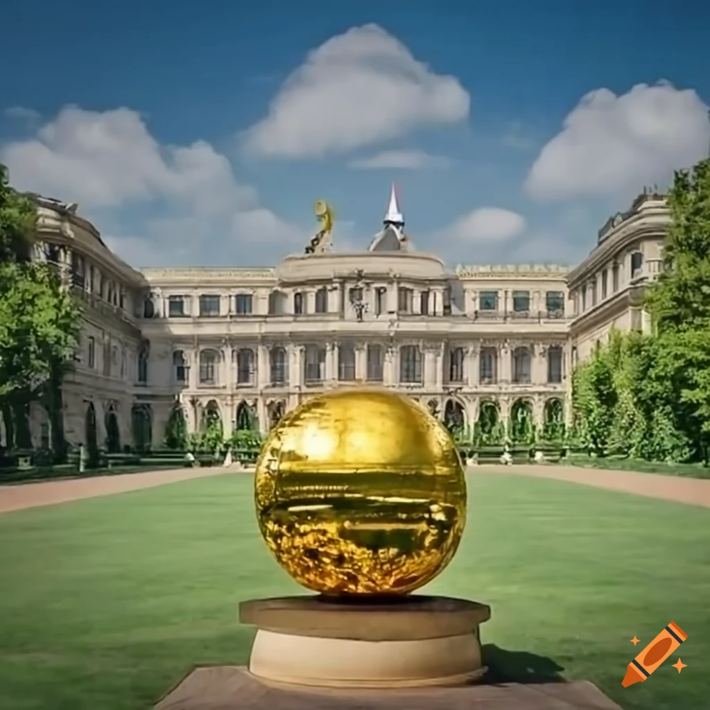 Statue with gold sphere in front of a grand capital building