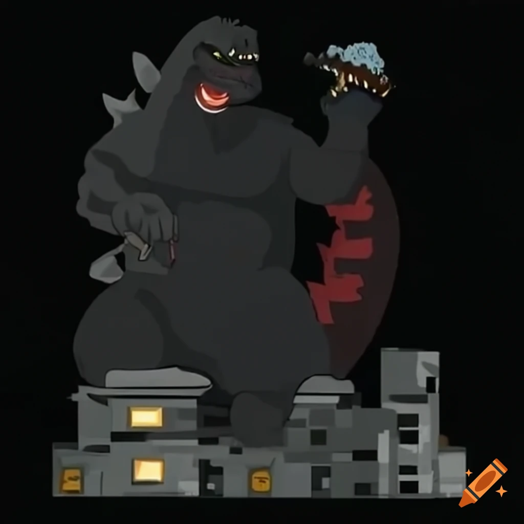 Godzilla smoking a cigar on a destroyed building