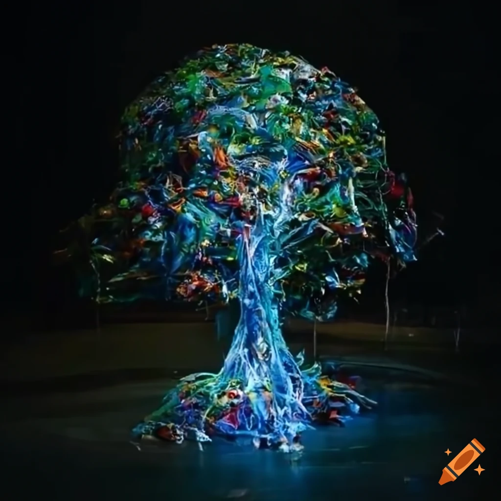 Art installation with a tree made of plastic waste on Craiyon