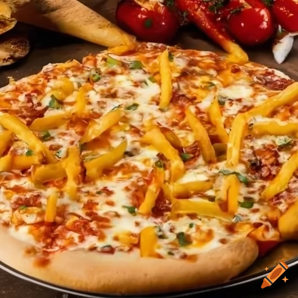 Delicious picture of a pizza with fries on Craiyon