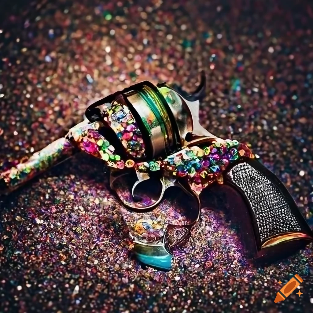 Punk rock revolver covered in paint and colorful gem diamonds on Craiyon