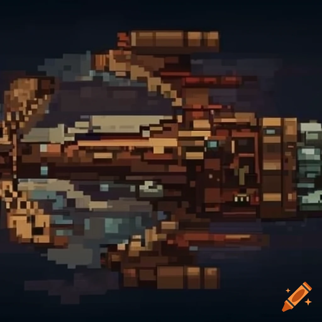 Pixel art of a dracula-inspired steampunk spaceship