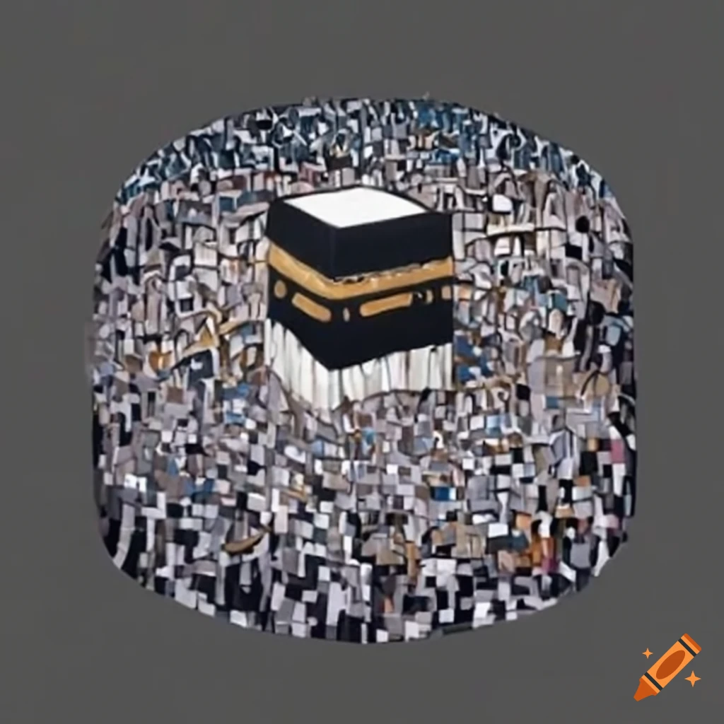 Abstract black and white mosaic painting of crowded pilgrims around ...