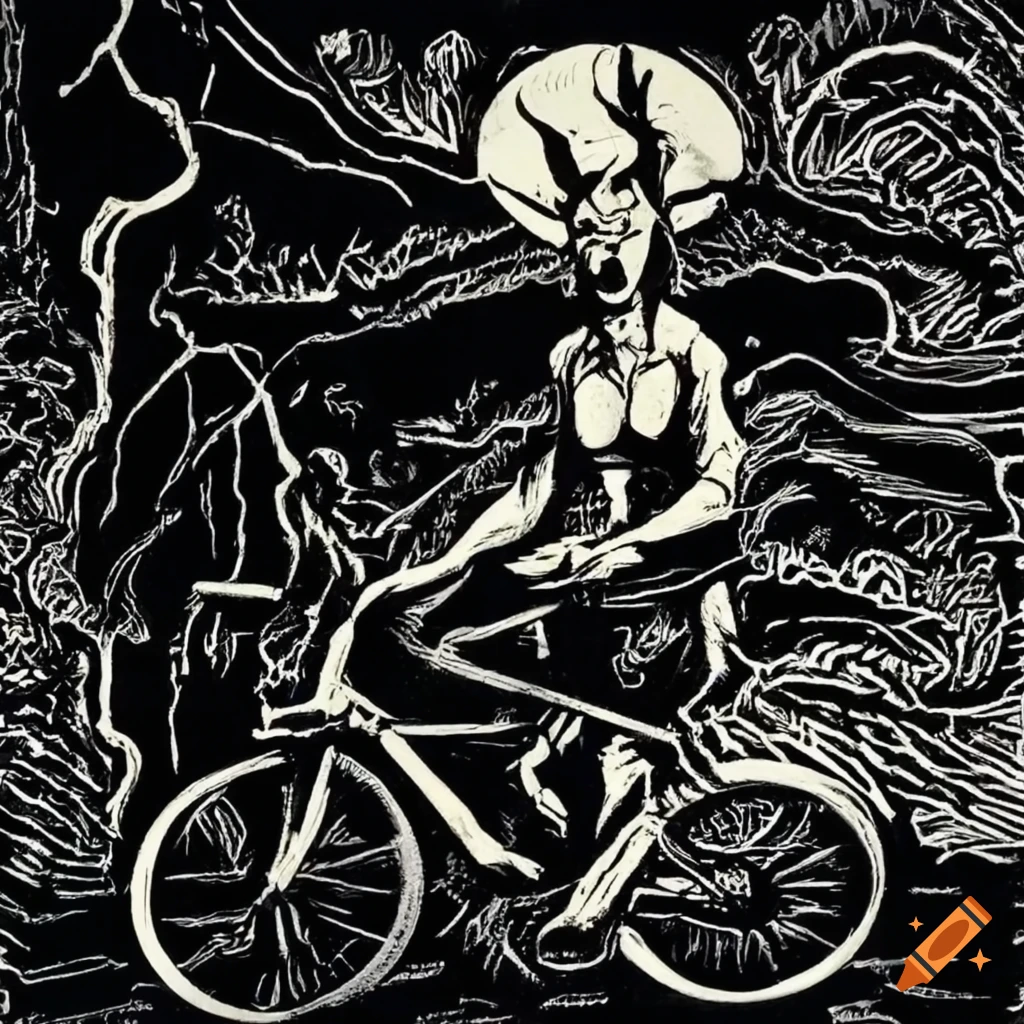 Linocut art of satan riding a bike down a mountain