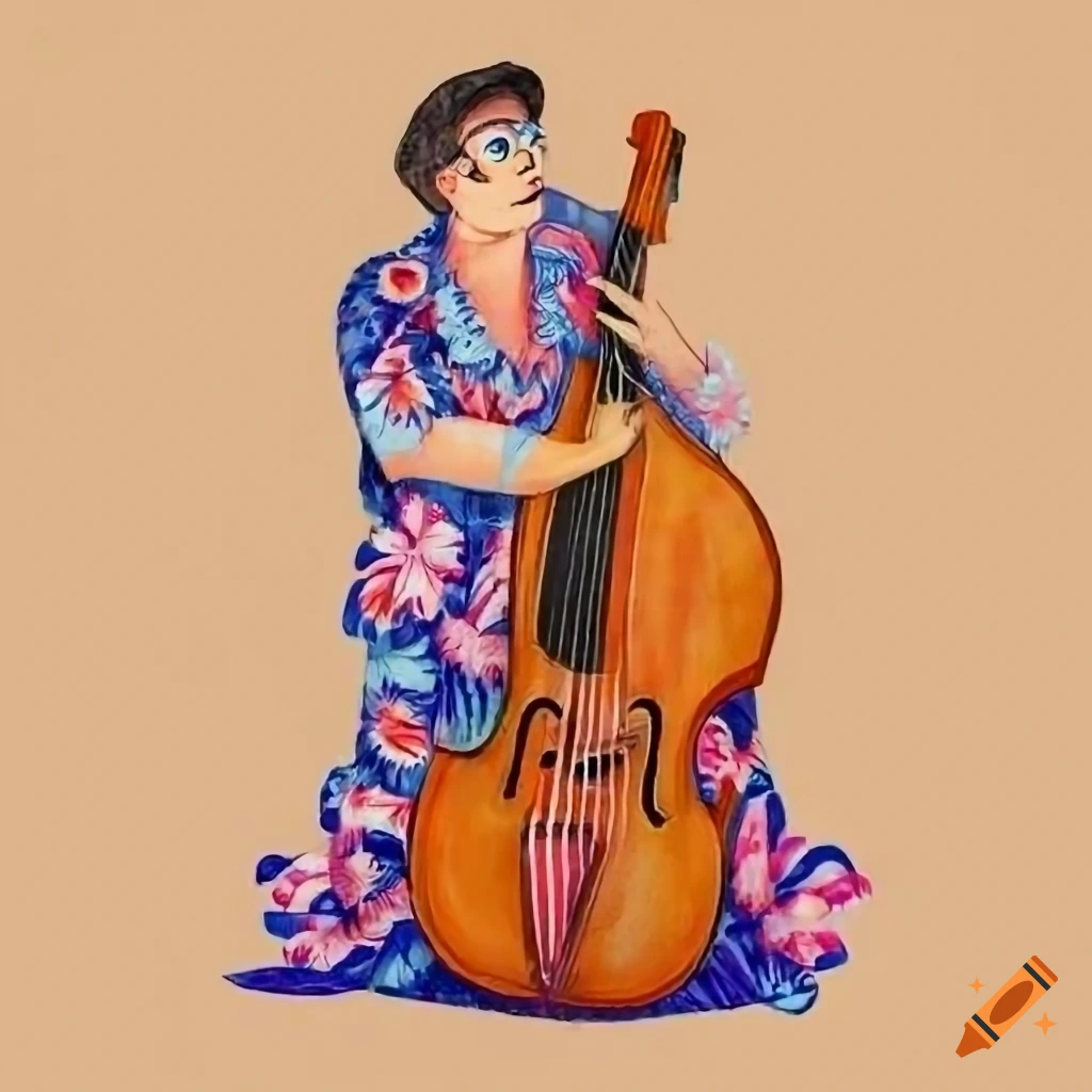 Folk art drawing of a musician playing the upright bass