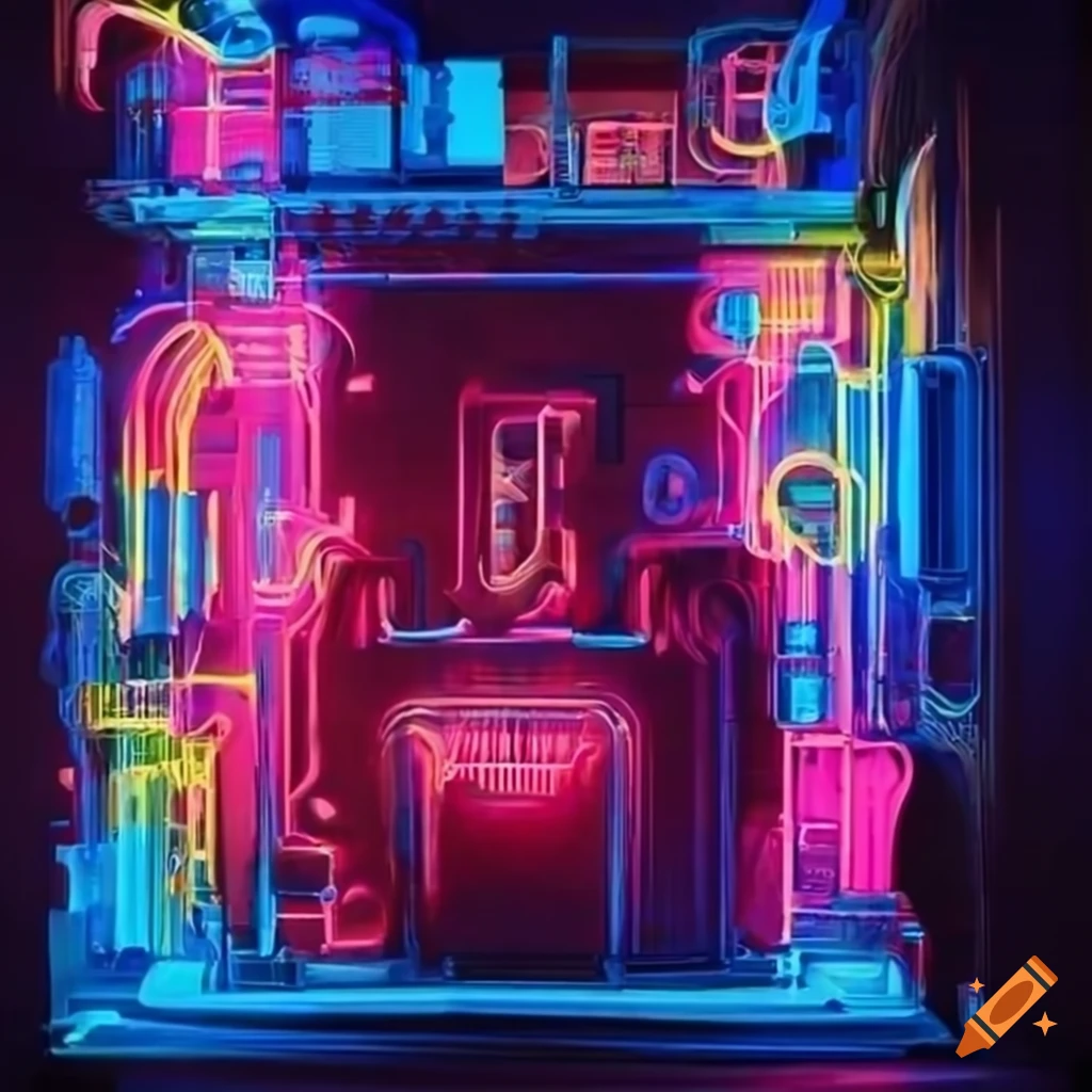 Neon artwork of a joyous machine made of people