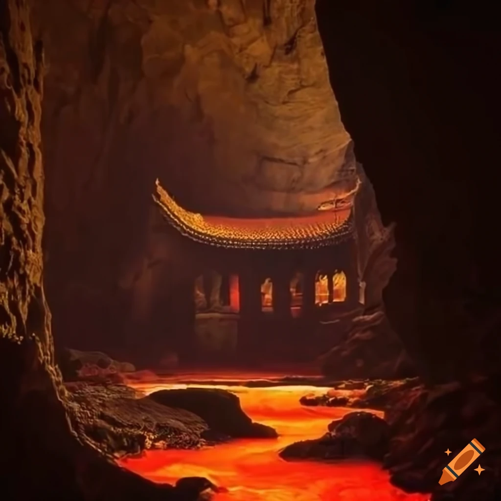 Image of an oriental temple surrounded by lava rivers on Craiyon