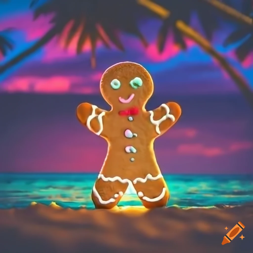 Gingerbread man on a neon beach at sunset on Craiyon