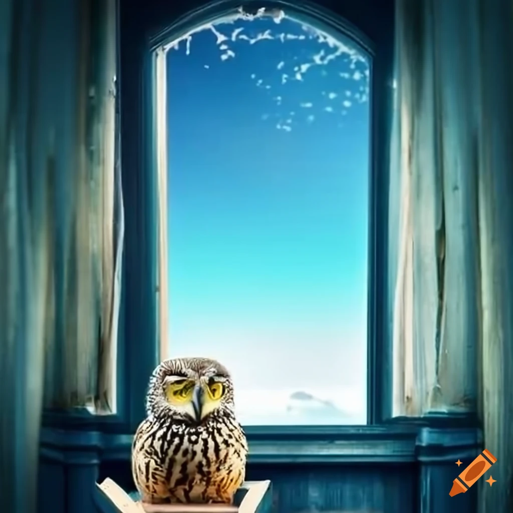 Owl looking out of a window towards the sea