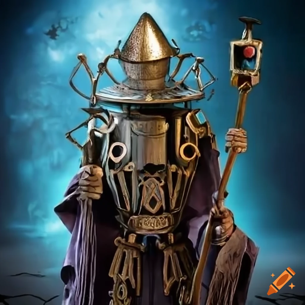 Mechanical wizard wearing a mask