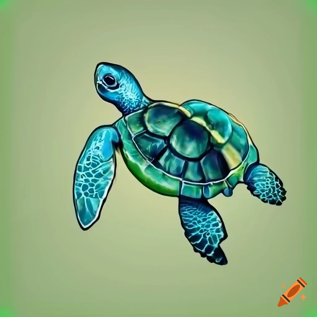 Watercolor style painting of a green and blue sea turtle