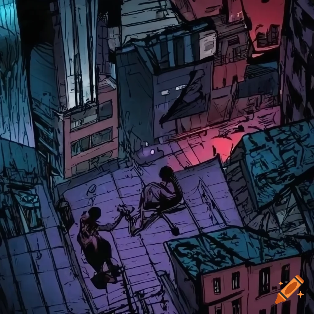 Top-down comic panel of a rainy city with wounded person on rooftop on ...