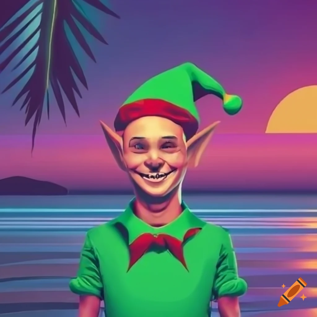 Neon synthwave sunset with a festive elf on a tropical beach