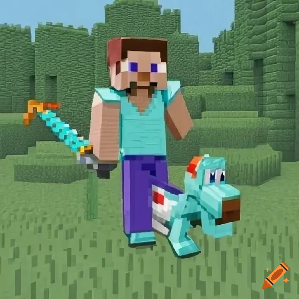 Steve from minecraft riding yoshi and wielding a diamond sword on Craiyon