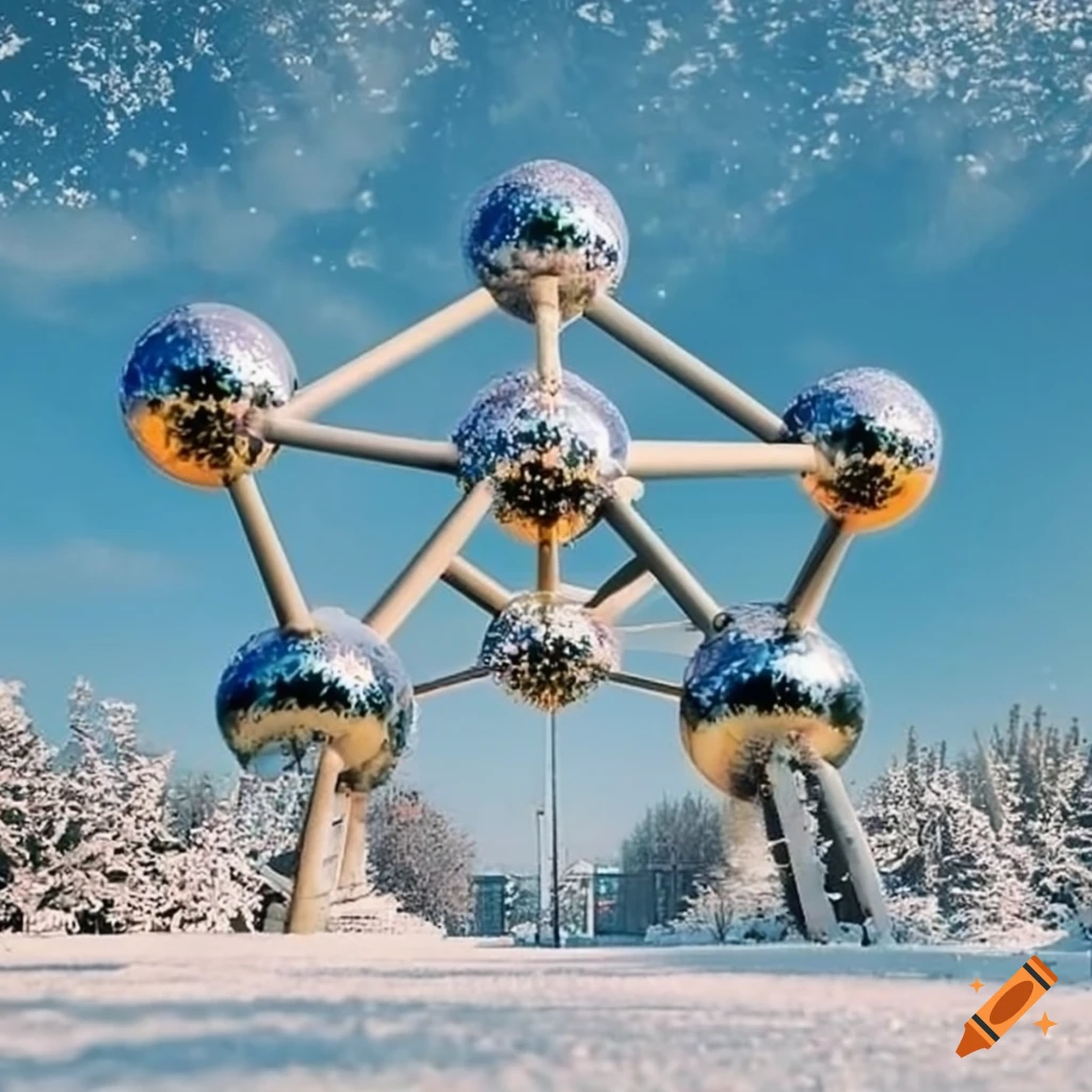 Snow-covered atomium sculpture