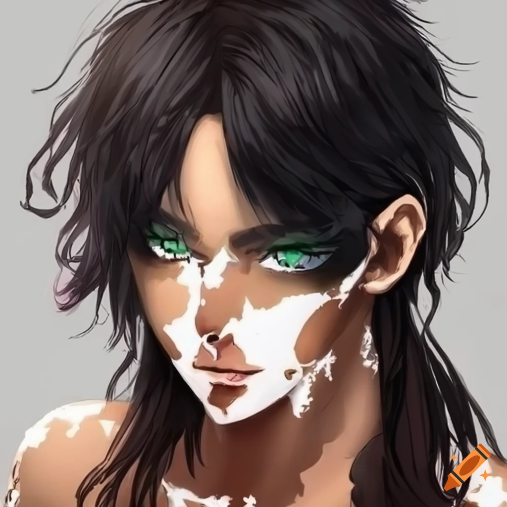 Anime-style illustration of a man with vitiligo and green eyes on Craiyon