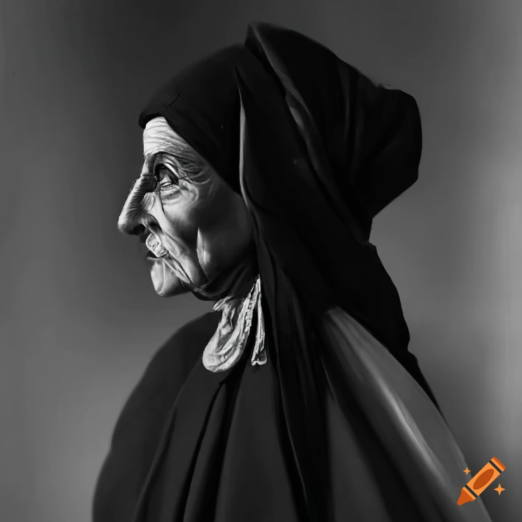 Black and white artwork of an old iraqi woman in traditional clothing ...