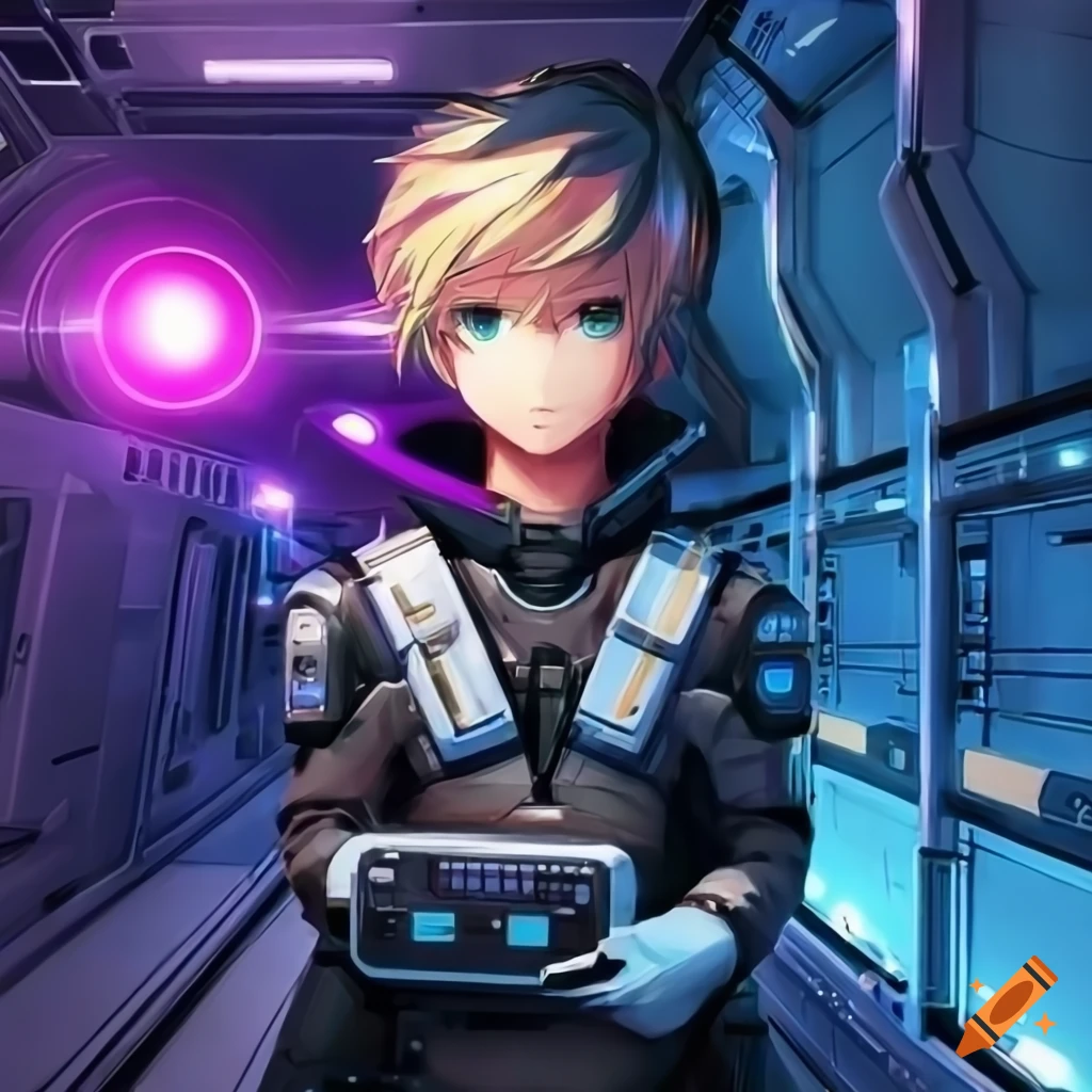 Anime boy in futuristic suit on spaceship hallway on Craiyon