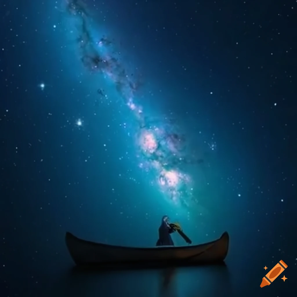 Canoe sailing through a galaxy of stars on Craiyon